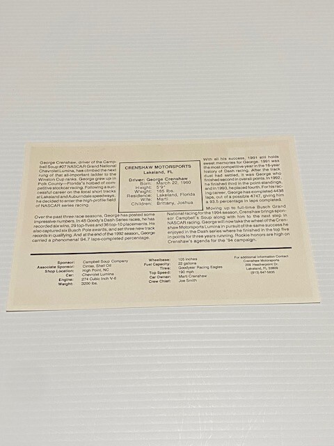 Vintage 1994 George Crenshaw Nascar Postcard / Handout | eBay