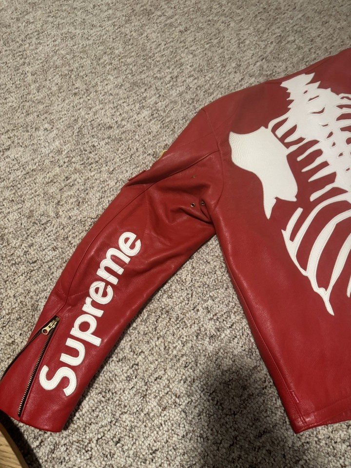 Supreme 2017 Vanson Black Men Leather Skeleton Bones Motorcycle Jacket ...