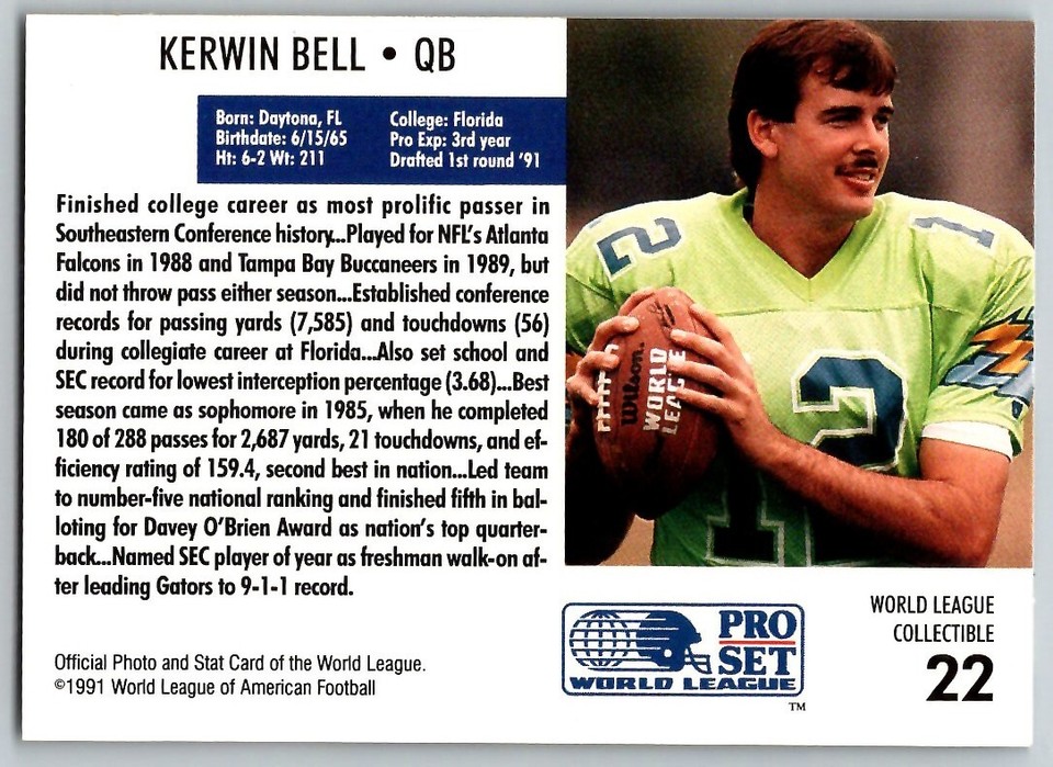 1991 PRO SET WLAF INSERTS KERWIN BELL ORLANDO THUNDER #22 | eBay