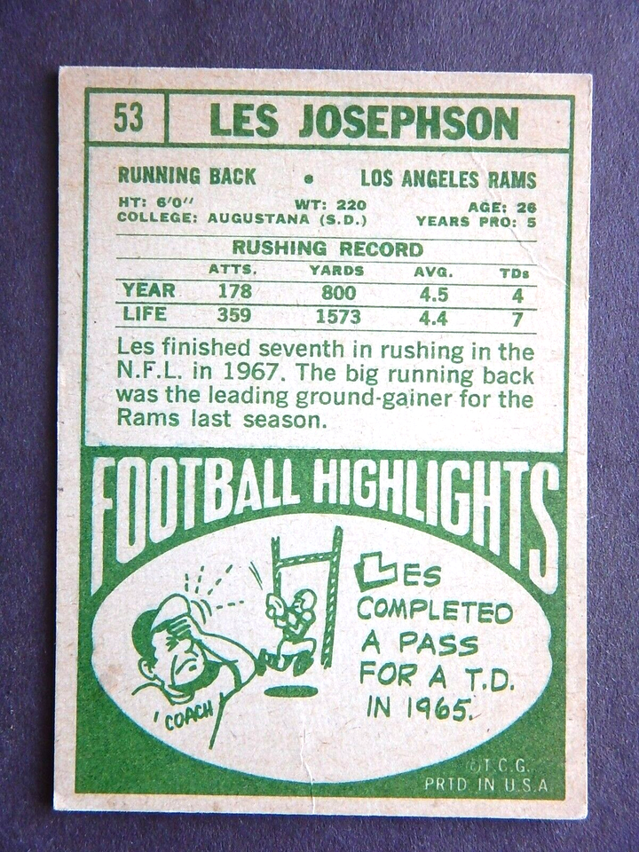 Les Josephson (RC) #53 Topps 1968 Football Card (Los Angeles Rams) *A ...
