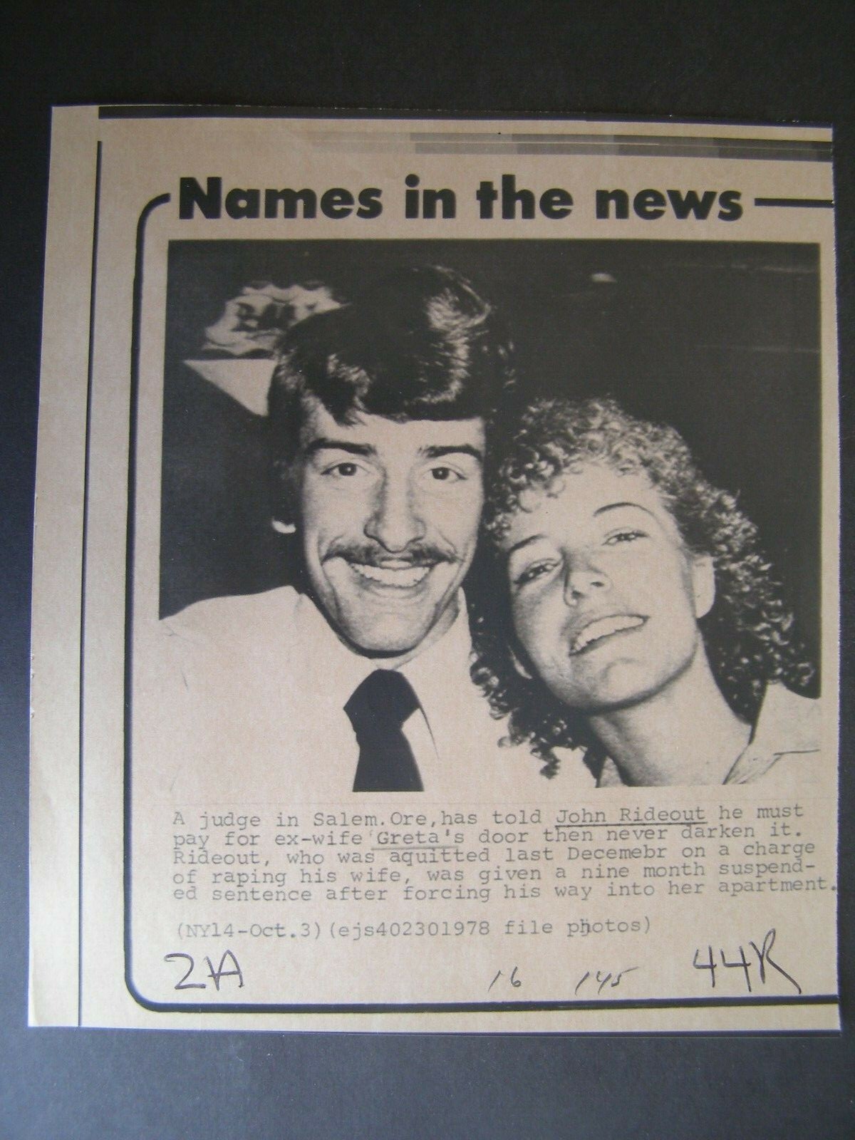 AP Wire Press Photo 1978 John Rideout charged with raping his wife ...