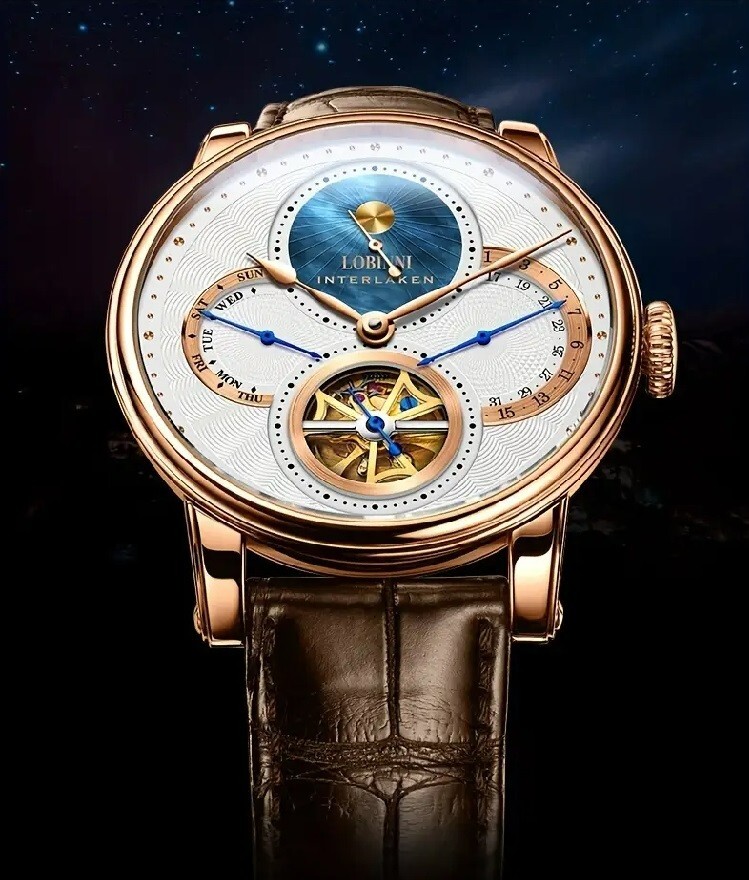 New LOBINNI Men's Leather Automatic Mechanical Watch - Rose Gold Black ...