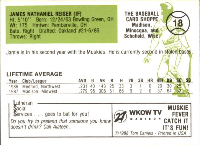 1988 Madison Muskies Police #18 Jamie Reiser Pemberville Ohio OH ...