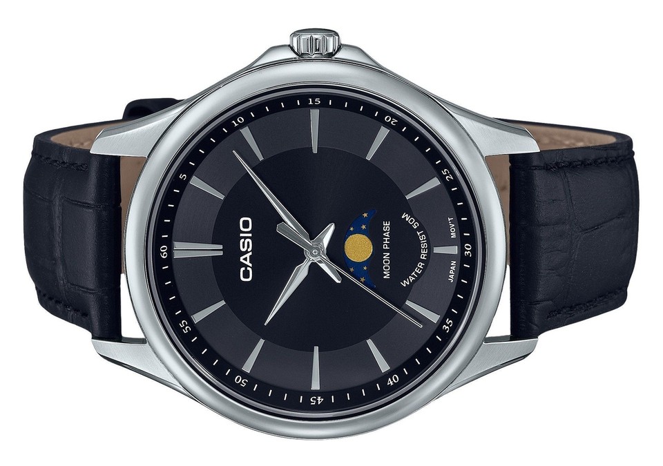 Casio Analog Moon Phase Black Dial Japan Mov't MTP-M100L-1A 50M Mens ...
