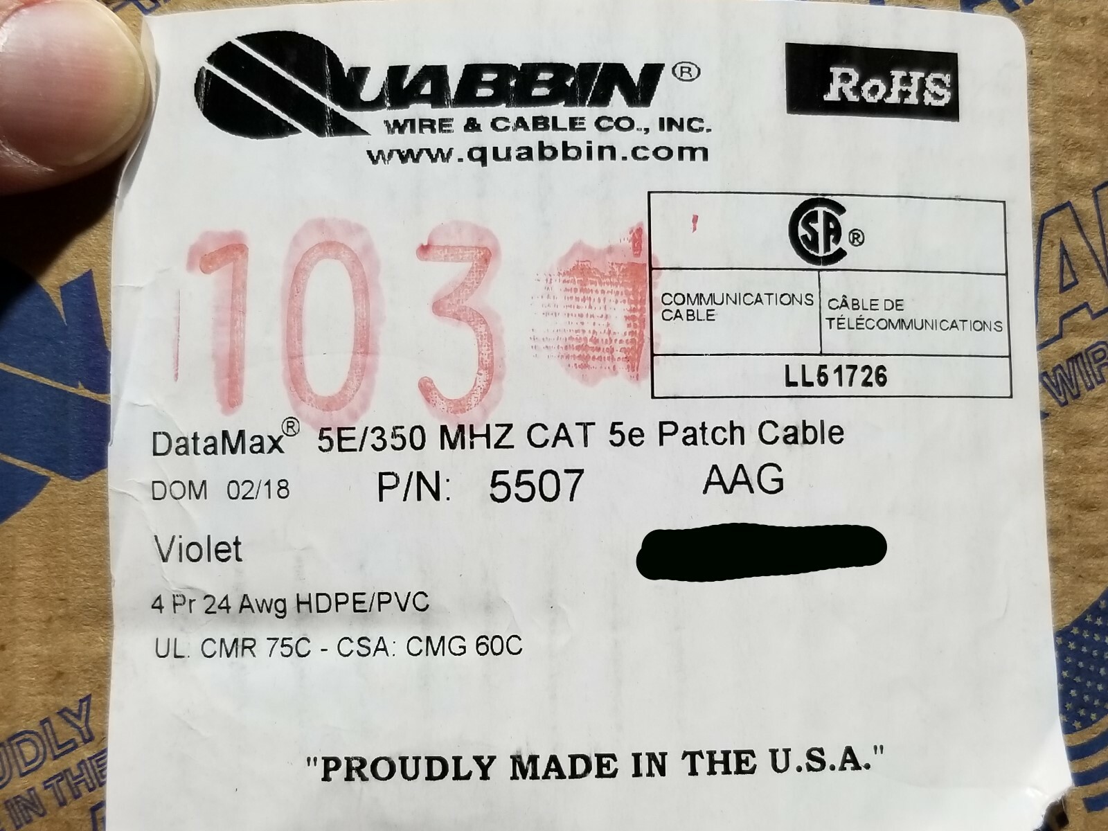 Quabbin 5507 24/4P Cat5E Datamax 5e Patch Cord Cable 350MHz Riser ...