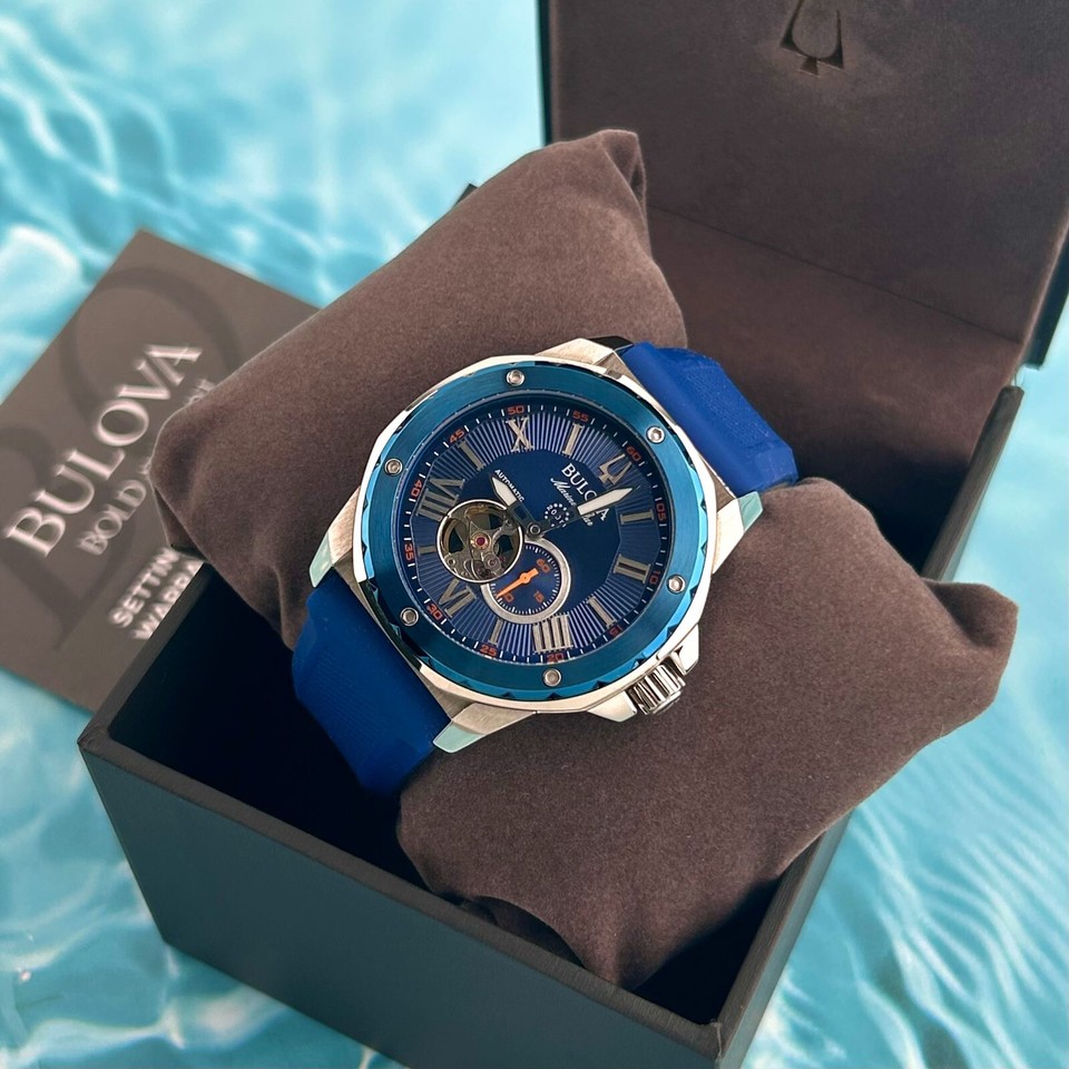 Bulova Marine Star Blue Dial Blue Rubber Strap 98A303 Men's Automatic ...