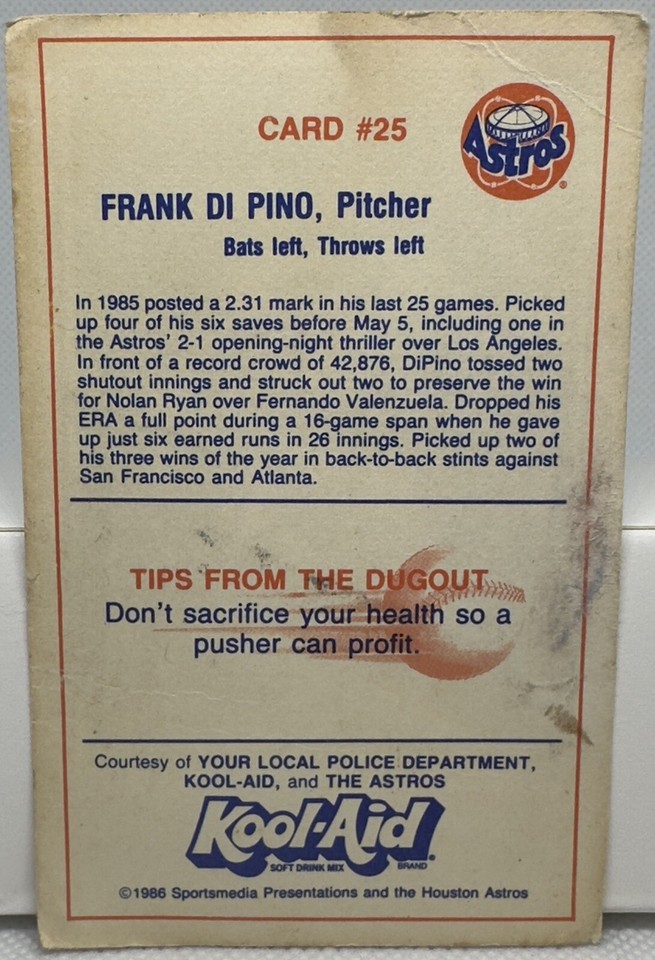 1986 Kool-aid Sportsmedia Presentations Houston Astros #25 Frank Di ...