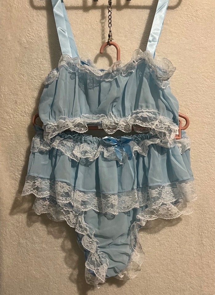 Cute Frilly Big Panties & Frilly Top Lacey Silky Blue Nylon Sissy CD TV ...