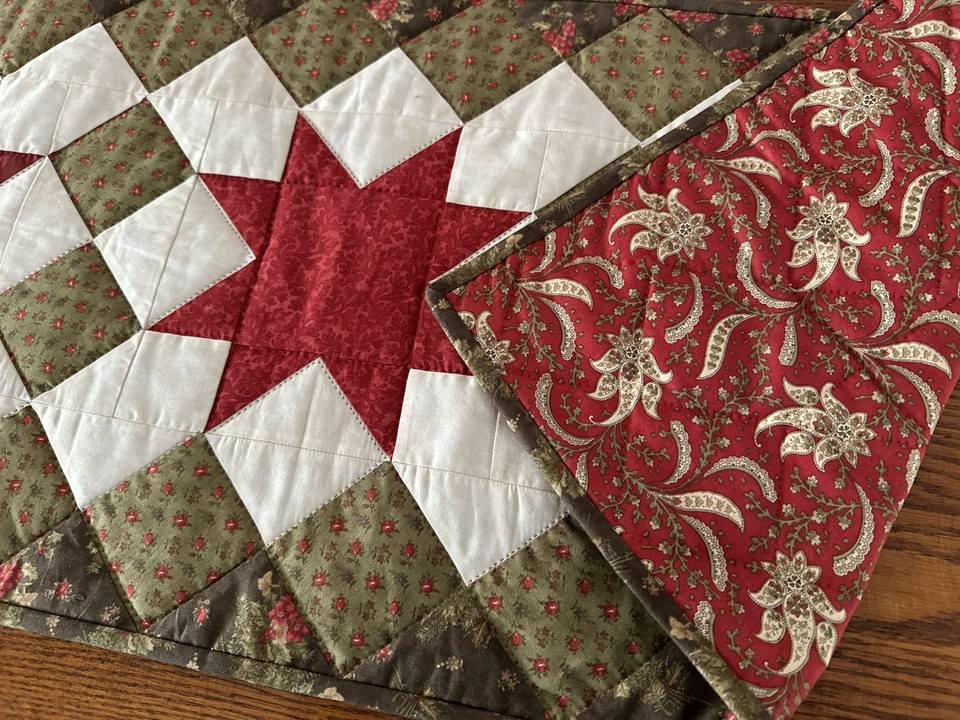 Three Star Table Runner, HAND Quilted, Red, Green, Brown 16” x 40” New ...