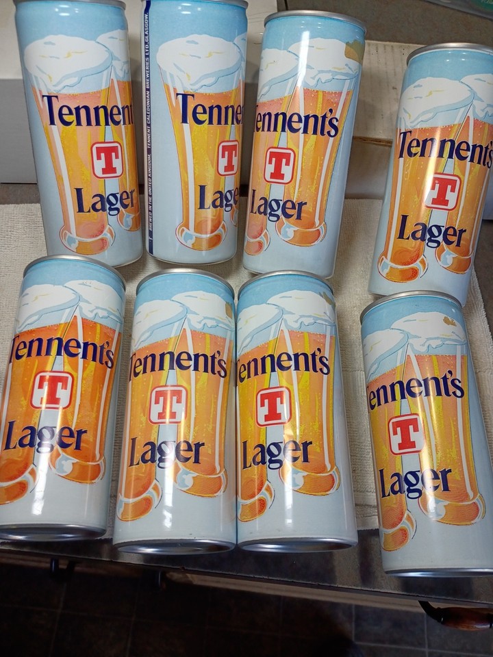 Tennent's 15.5 8pc TEST beer can set Christy pull tab top Empty cans | eBay