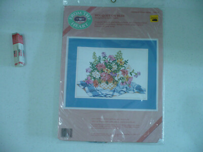 BOUQUET ON BLUE STAMPED CROSS STITCH KIT SEALED 14" X 10" 1991 | eBay