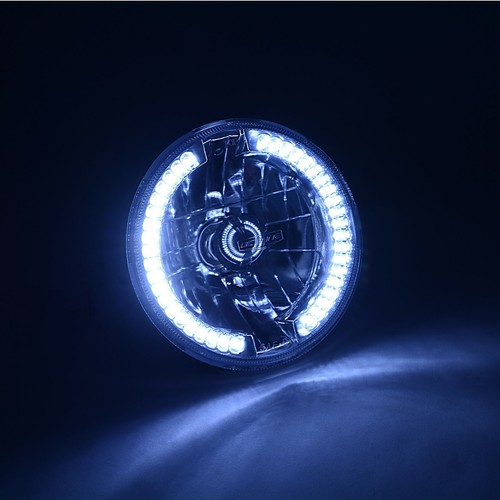 7" Halogen White LED Halo Angel Eyes Headlight Headlamp H4 Light Bulbs ...