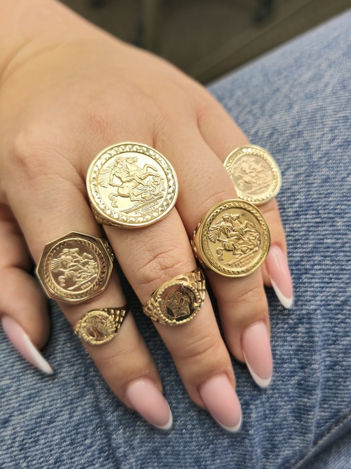 New Solid 9ct Yellow Gold Signet Full Sovereign Coin Ring size V ...