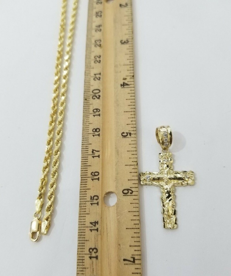 Real 10K Gold Rope Chain Necklace & Jesus Cross charm Pendant 3mm 16 ...