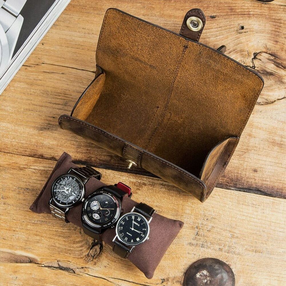 3 Slot Genuine Leather Watch Roll Display Watch Storage Box Vintage ...