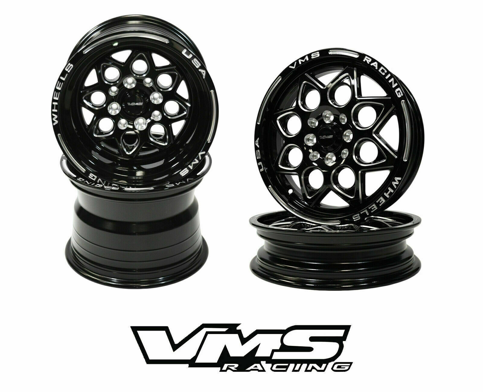 VMS Racing Rocket Black Front & Rear Drag Wheels Set 4x100/4x114 15x8 ...