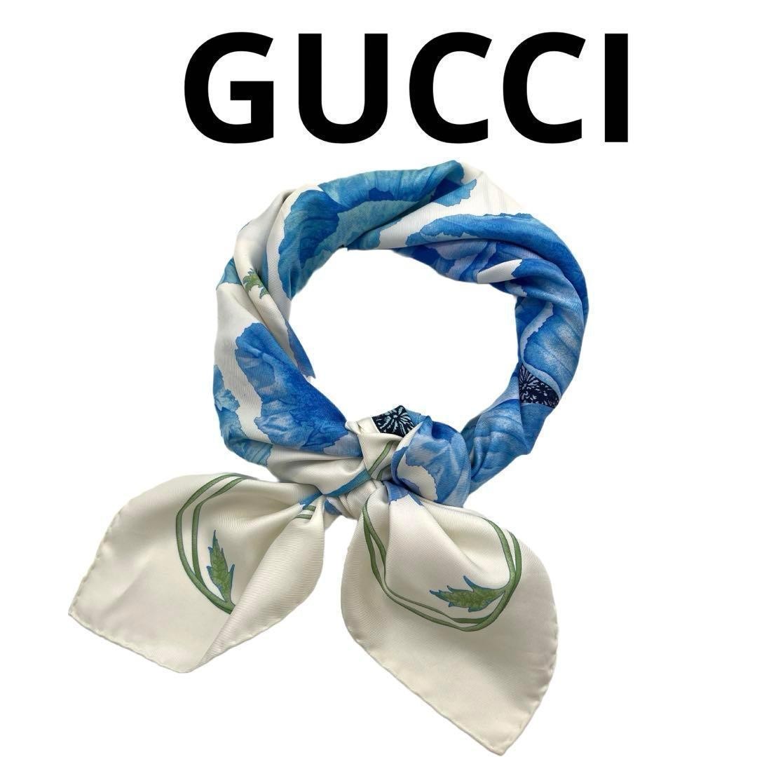 Authentic GUCCI White Blue Flower Pattern Scarf 87 x … - Gem