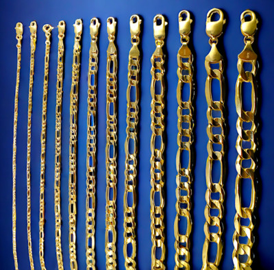 14K Yellow Gold SOLID Figaro Bracelet Chain Link Real Gold 2mm-12mm 7 ...