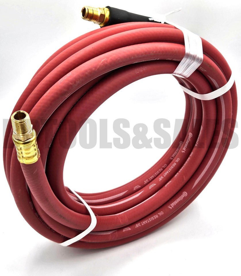 25ft x 3/8" ID Continental Red Rubber Hose Air Tool Compressor 1/4" NPT ...