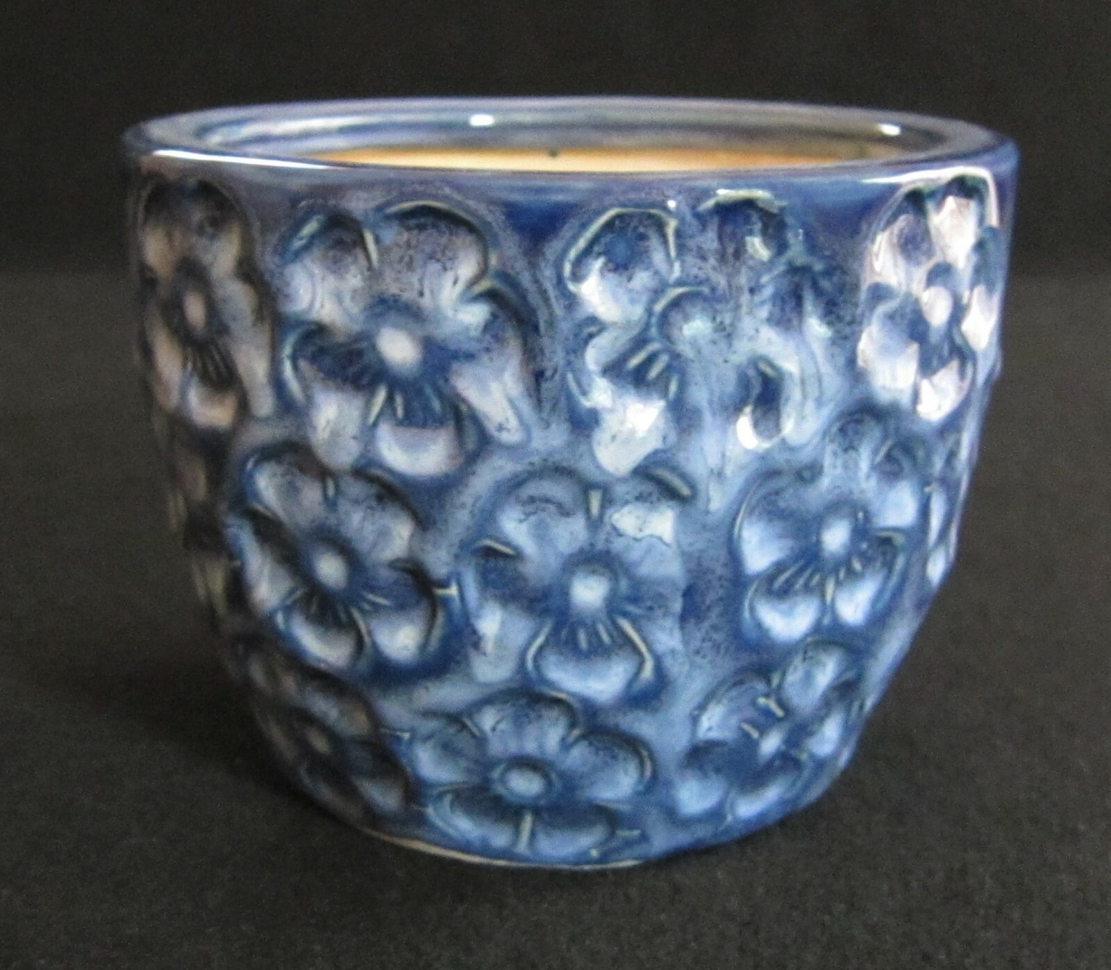 Small Ceramic Planter Deeply Embossed Repeating Floral Pattern Blue 3 7 ...