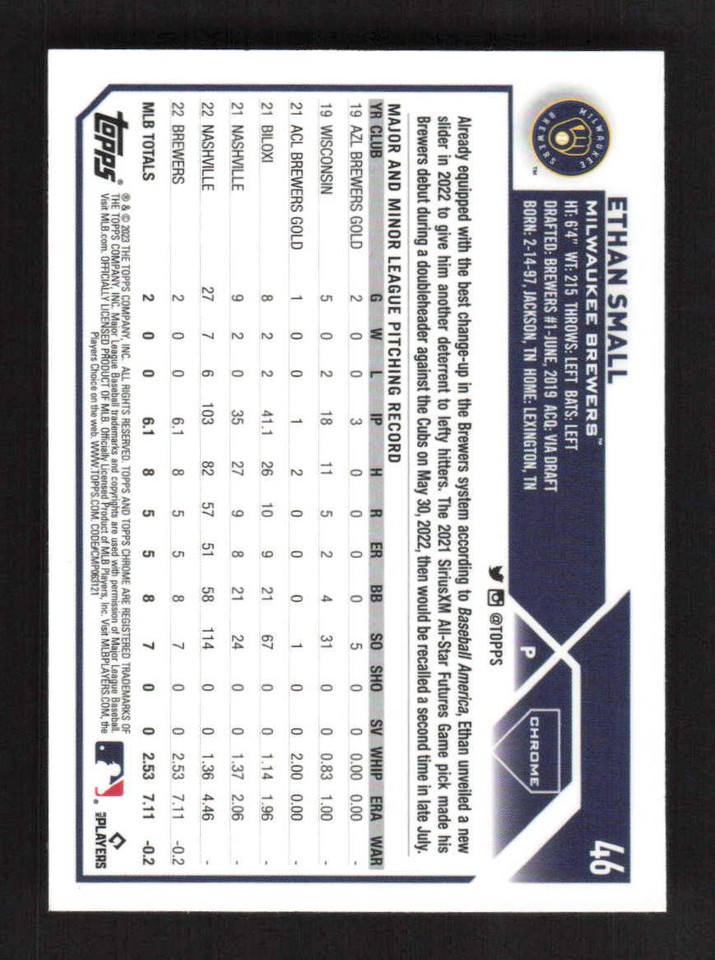 Ethan Small RC 2023 Topps Chrome Milwaukee Brewers #46 | eBay