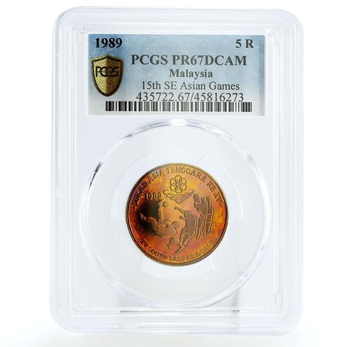 Malaysia 5 ringgit Asian Games Football Hockey Sports PR67 PCGS CuZn ...