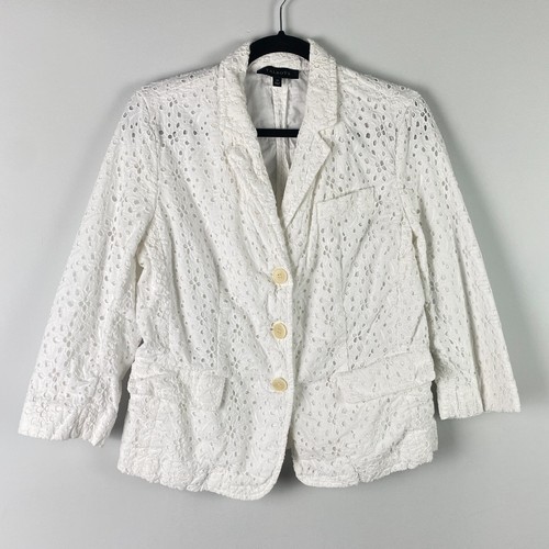 Talbots White Eyelet Jacket Size 14 Button Up 3/4 Sleeves Cotton | eBay