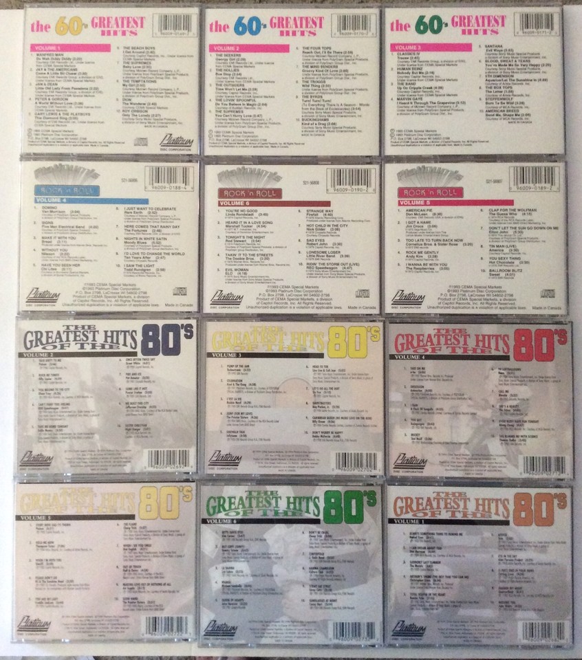 12 CDs Greatest Hits of the 60s (3), 70s (3), 80s (6) All in Pristine ...