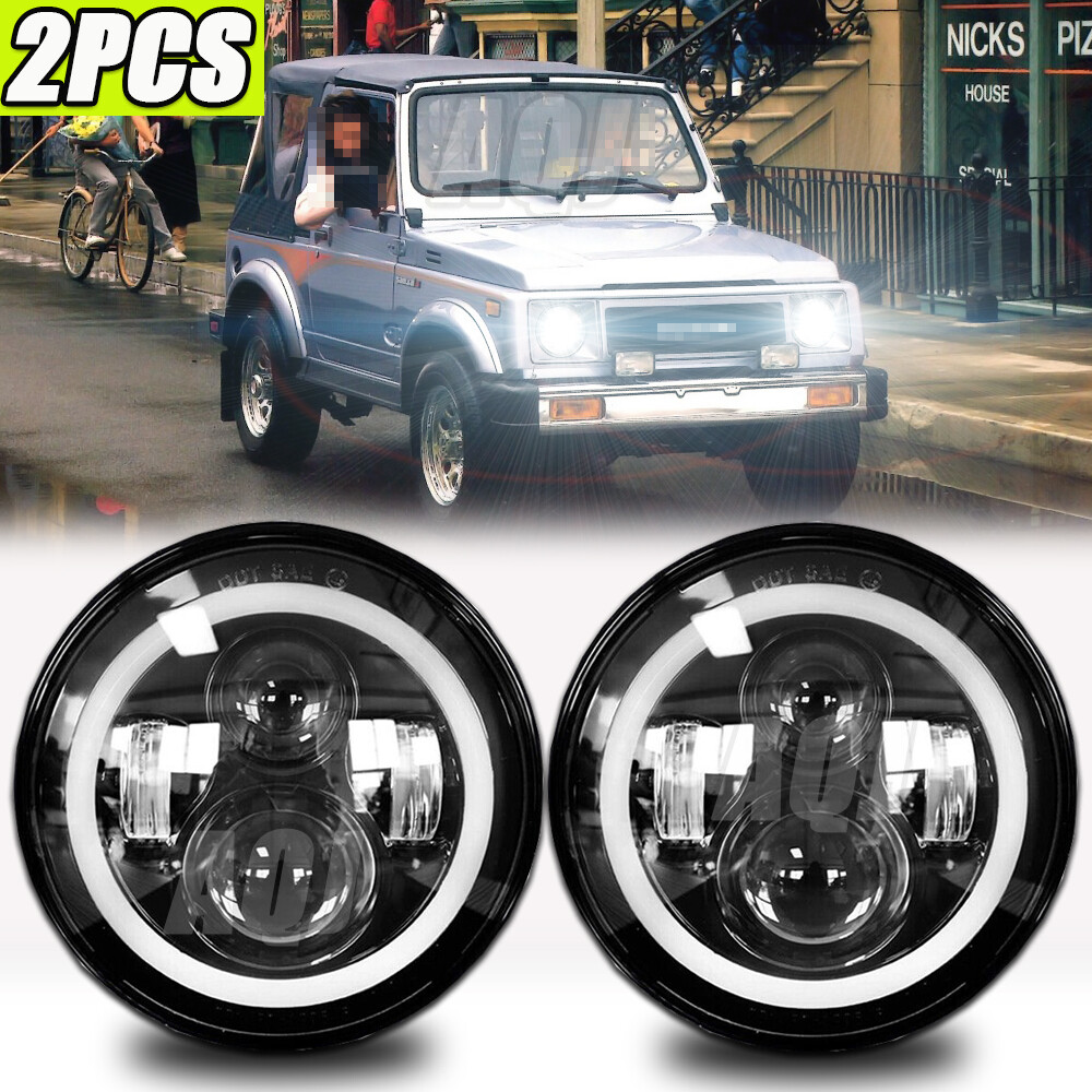 Pair 100W 7" Round LED Headlights Hi/Lo Halo Beam for Suzuki Samurai ...