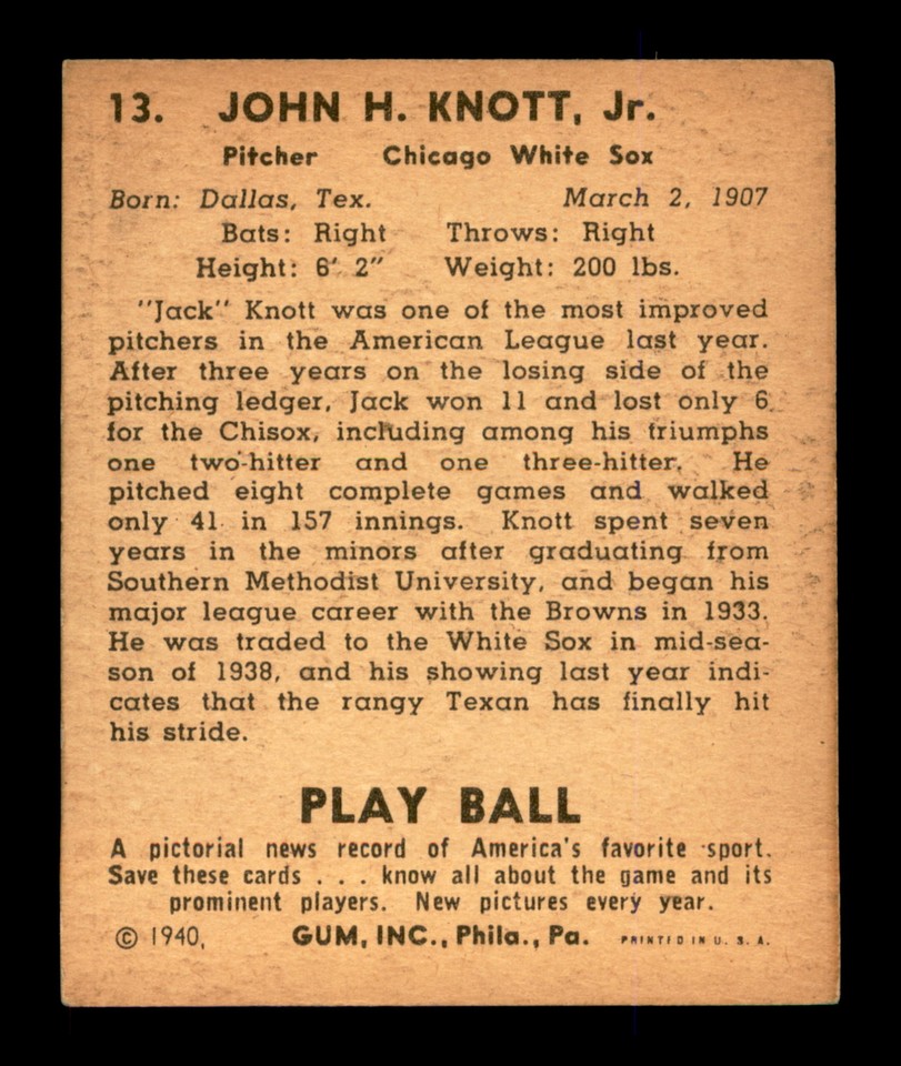 1940 Play Ball John H. "Jack" Knott #13 | eBay