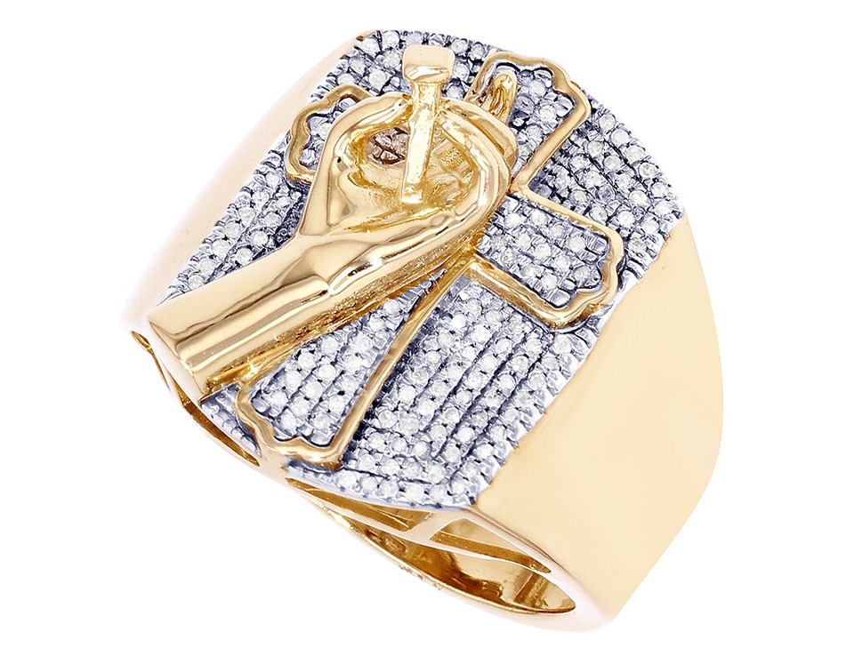 Men's Impaled Hand Cross Real Diamond Ring 3/10 CT 10K Yellow-White ...