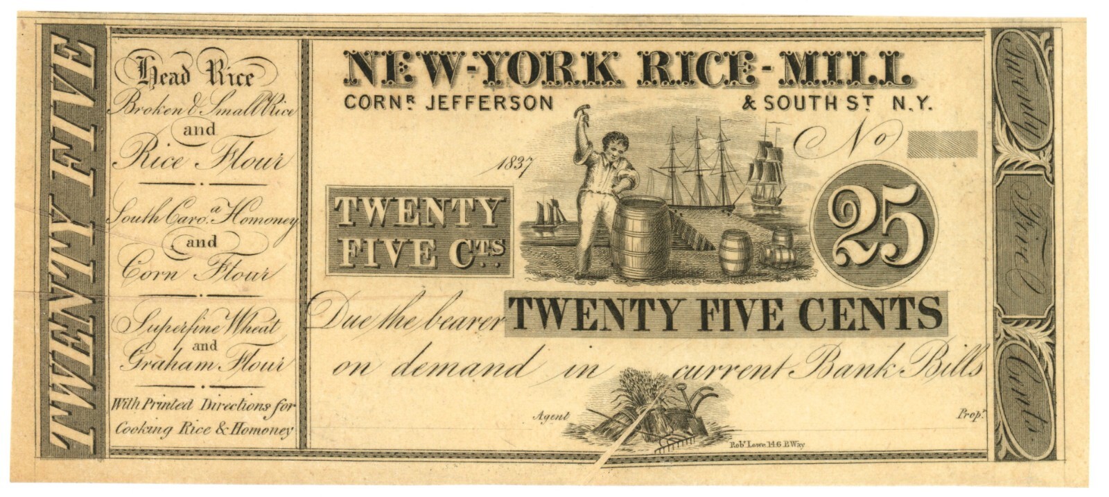 1837 New York Rice Mill, New York, NY 25c Obsolete Note H842 (59975) | eBay
