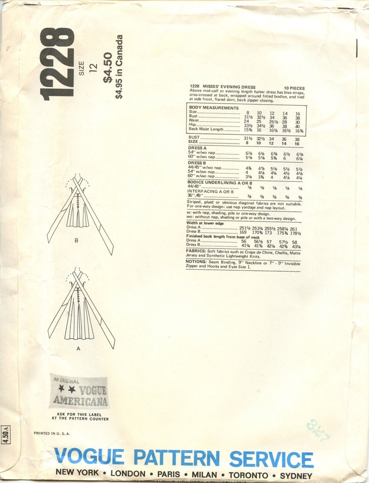 Vogue Sewing Pattern 1228 Misses' Evening Dress Jerry Silverman Size 12 ...