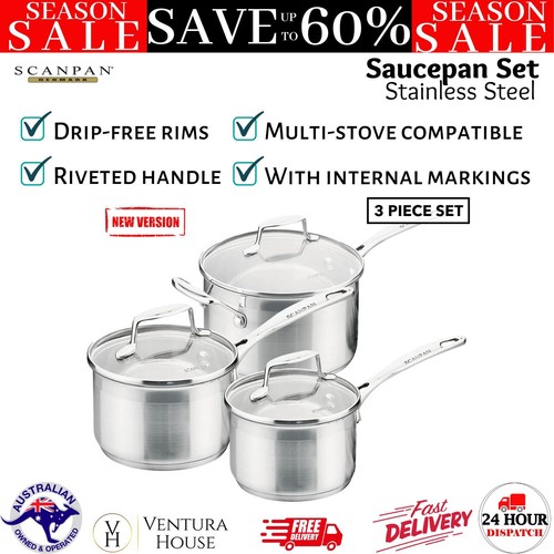New SCANPAN Impact 3pc Saucepan Set Stainless Steel Cookware Pan Set ...