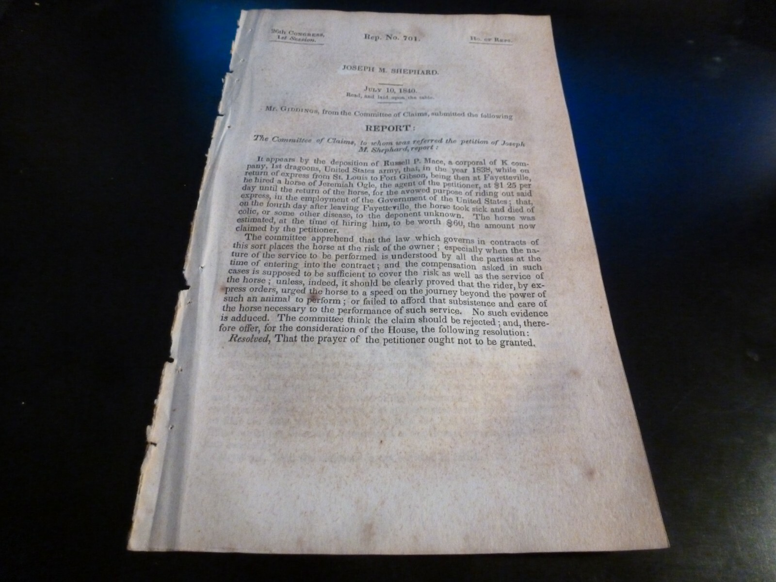 Government Report 1840 Relief Joseph Shephard Horse To Army St Louis ...