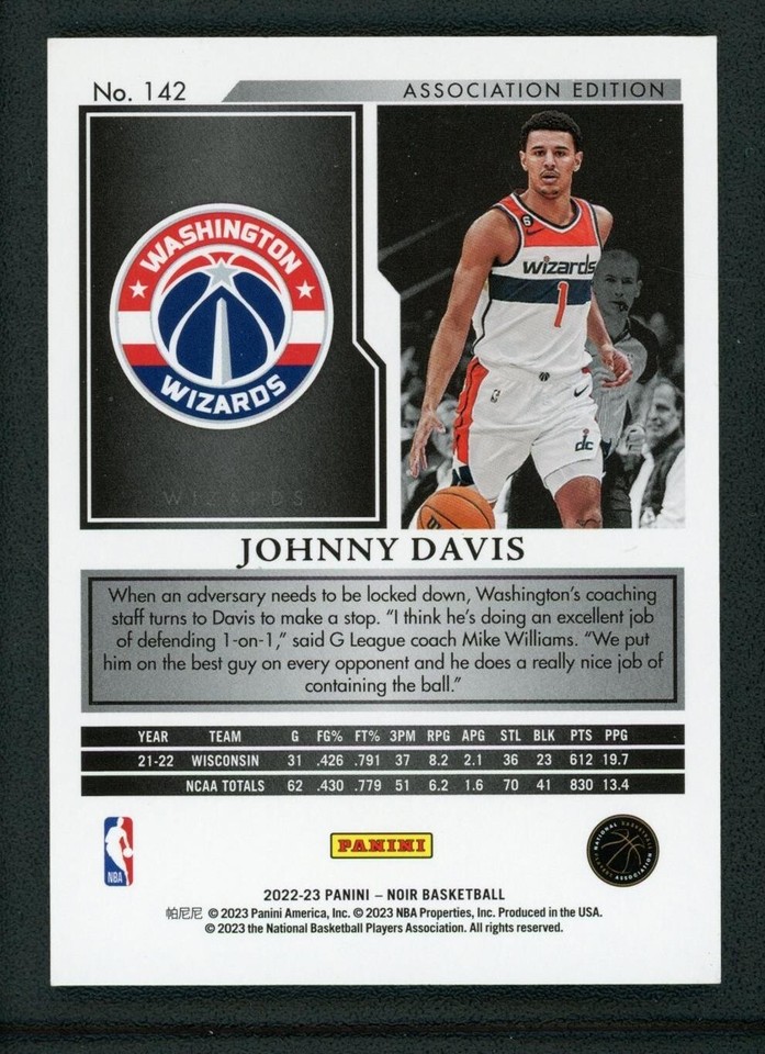 2022-23 JOHNNY DAVIS 09/49 PANINI NOIR ROOKIE RC #142 ASSOCIATION ...