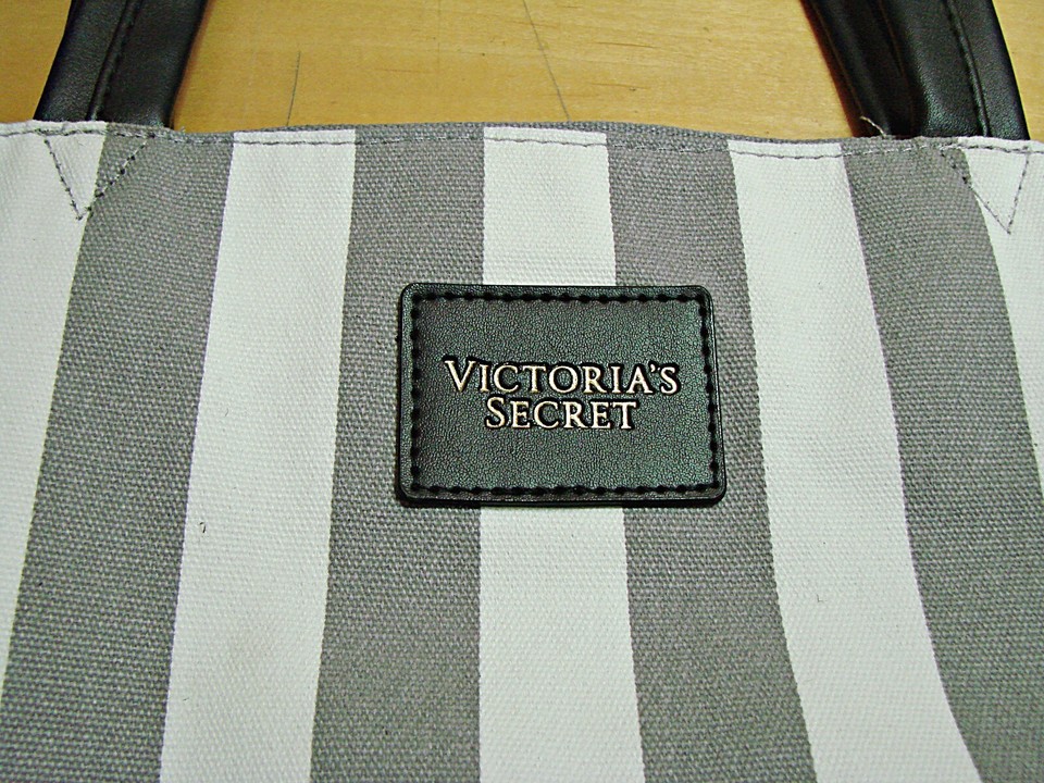 Victorias Secret Striped Canvas Tote Bag Gray White Beach Travel ...