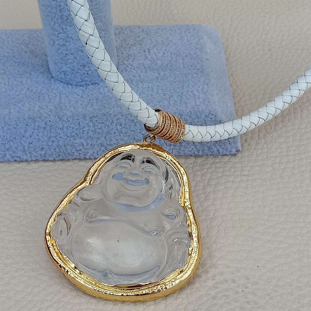 White Leather Choker white Quartz Carved Buddha Pendant Necklace 19" | eBay