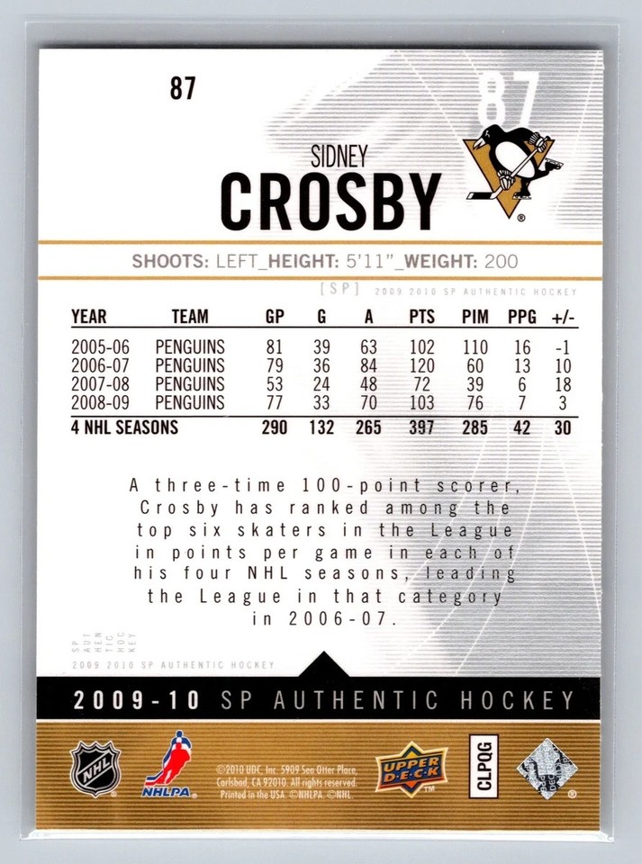09 10 SP AUTHENTIC SIDNEY CROSBY #87 PENGUINS | eBay