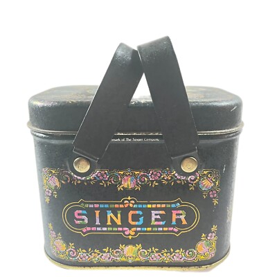 Small Metal Tin. Singer Sewing Machine Double Handled Black /Floral ...