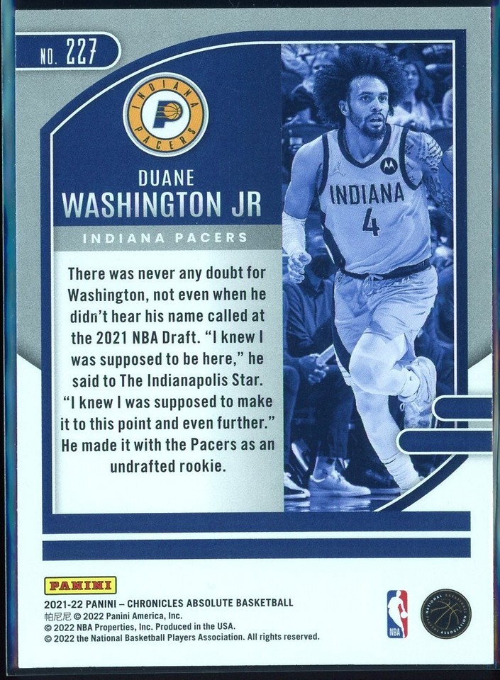 2021-22 Panini Chronicles Absolute Duane Washington Jr Rookie Rc #227 ...
