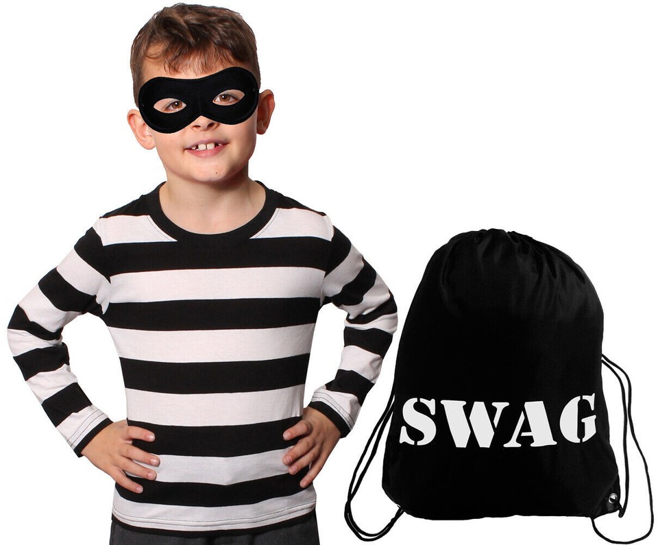 CHILD BURGLAR COSTUME FANCY DRESS ROBBER STRIPE TOP AND EYE MASK THIEF ...
