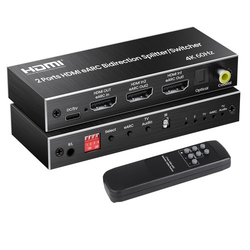 4K@60Hz HDMI eARC Splitter 1 in 2 Out, HDMI Switch 2 in 1 Out with eARC ...