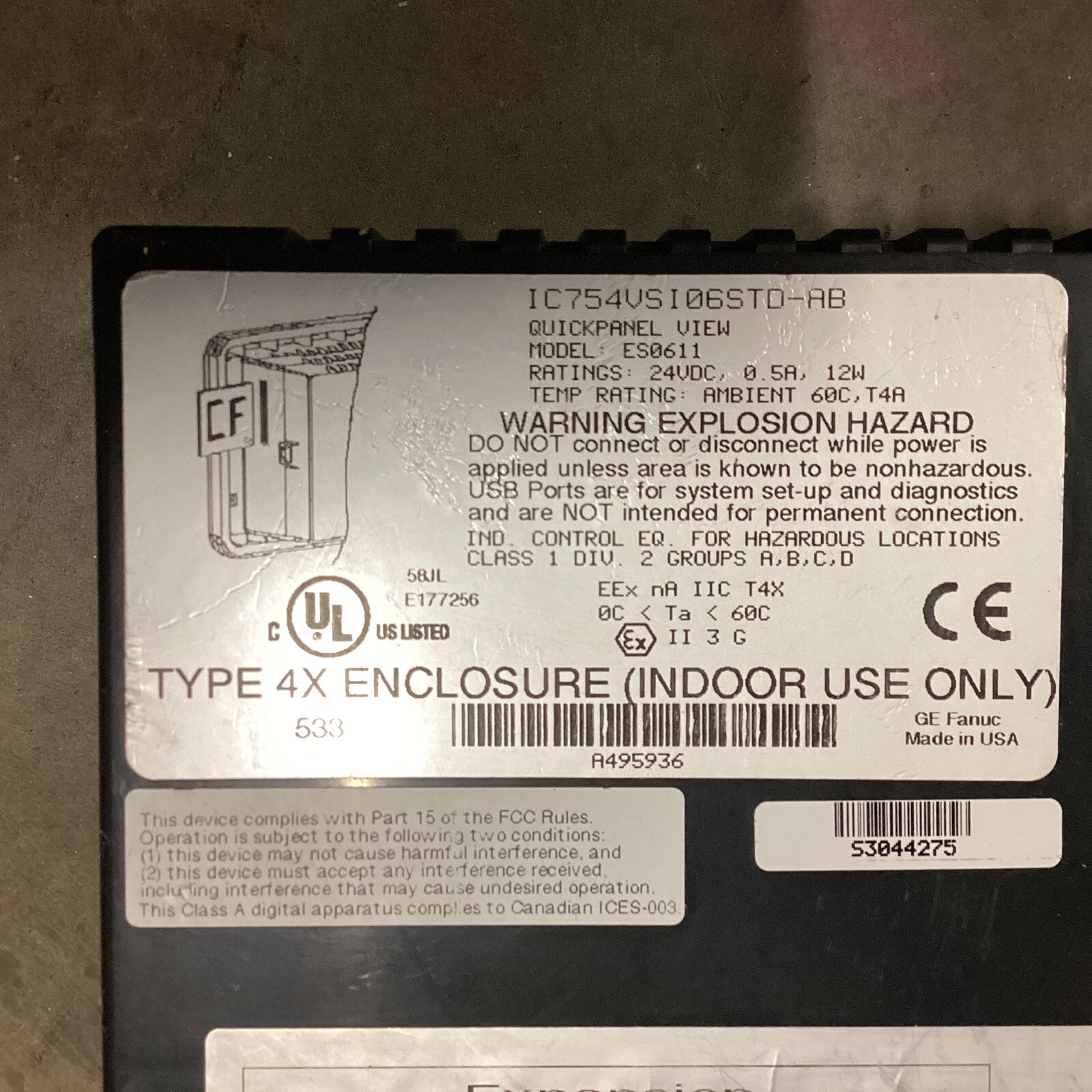 Ge FANUC QuickPanel View Touchscreen Control Ic754vsi06std-ab Es0611 ...