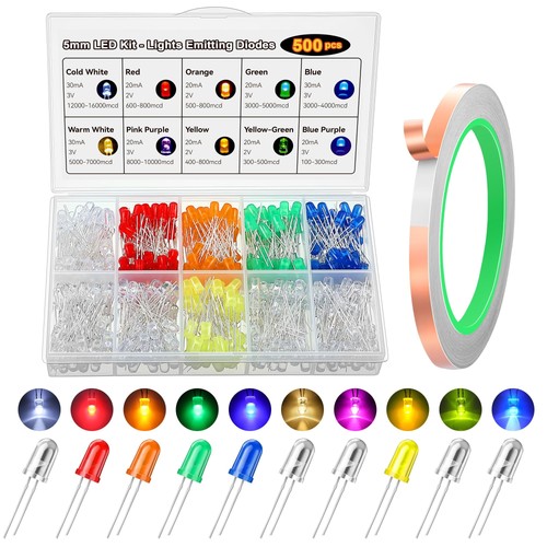 10 Colors 500 Pcs 5mm LED Lights Emitting Diodes Assored Kit Pack with ...