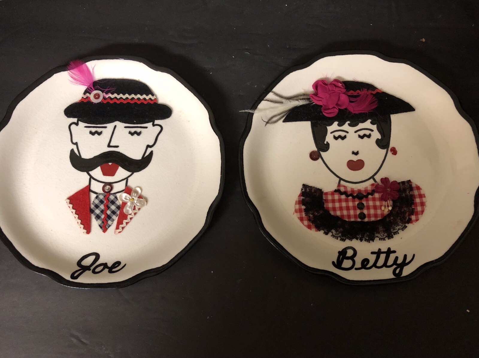 Vintage Kitchen Plates Portrait Lady Man Red Black Decorated Folk Art ...