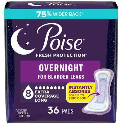 Poise Overnight Incontinence Pads for Bladder Leaks, 8 Drop Extra ...