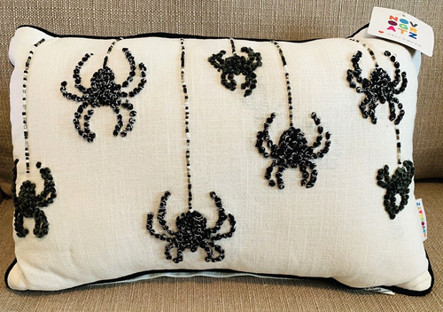 White Dangling Black Knot Spiders Beaded Web Thread Pillow Halloween Decor 20x13 | eBay