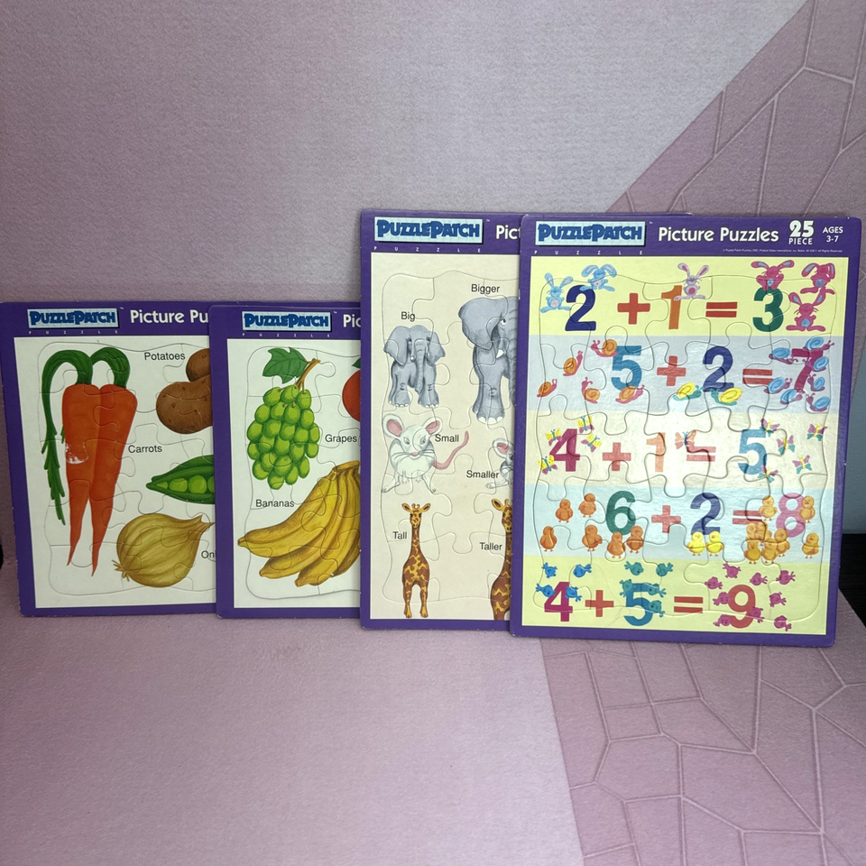 4 Puzzle Patch 25 pc Picture Puzzle 1992 Fruit Veggie Animals Math Pre ...