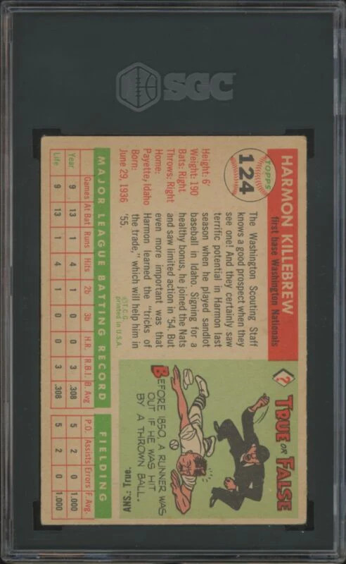 1955 TOPPS HARMON KILLEBREW 124 VG RC HOF SGC 3 BASEBALL WASHINGTON ...
